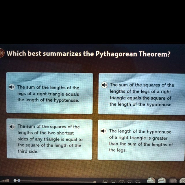 SOLVED: 'Can someone help me with this please! Pythagorean theorem Which best summarizes the ...