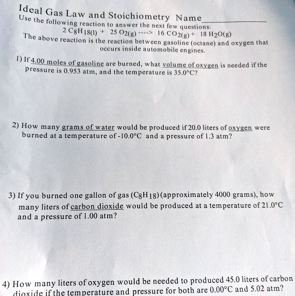 Ideal Gas Law and Stoichiometry Name Use the following reaction to ...