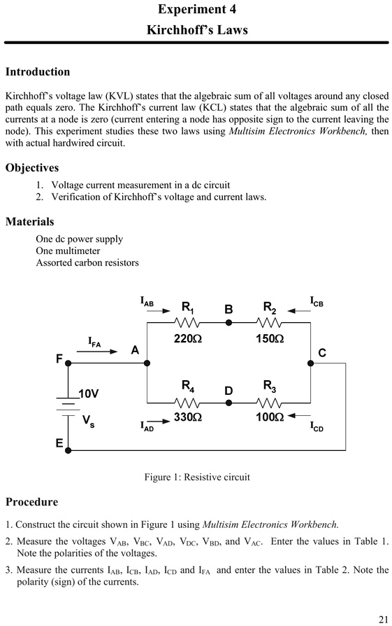 SOLVED: Experiment 4 Kirchhoff's Laws Introduction Kirchhoff's voltage ...