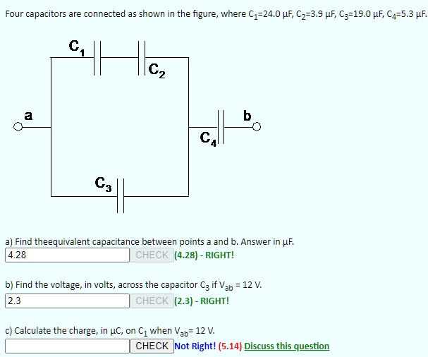 SOLVED: Texts: Four capacitors are connected as shown in the figure, where C1 = 24.0 F, C2 = 3.9 ...