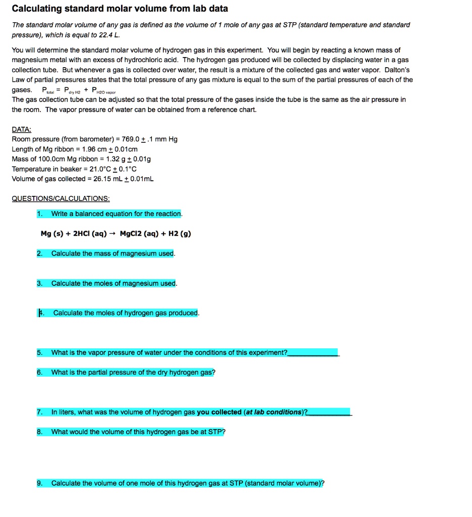 SOLVED: Calculating standard molar volume from lab data The standard ...