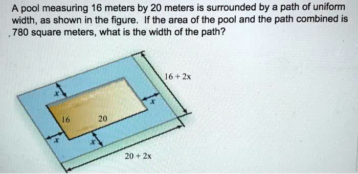 SOLVED: A pool measuring 16 meters by 20 meters is surrounded by a path ...