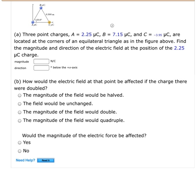 a three point charges a 225 hc b 715 uc and c 395 hc are located at the ...