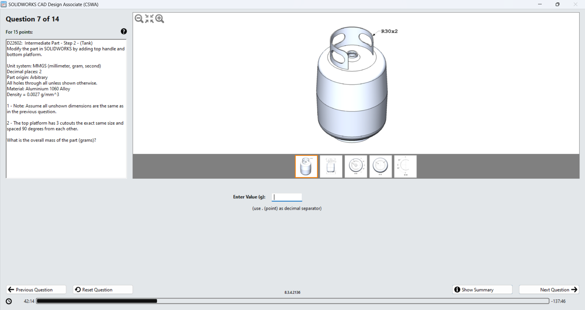 solidworks cad design associate cswa question 7 of 14 for 15 points d22602 intermediate part ...