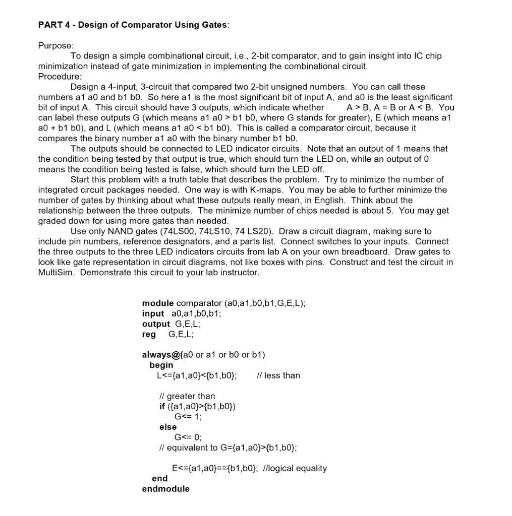 Solved Part 4 Design Of Comparator Using Gates Purpose To Design A Simple Combinational 6796