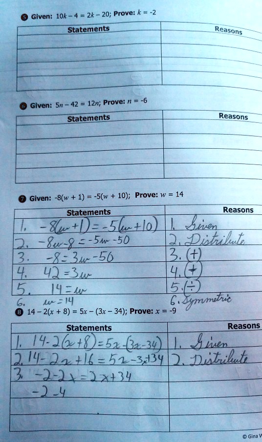 SOLVED: Given: 10k 4 = 2k 20; Prove: k = -2 Statements Given: Sn 12n ...