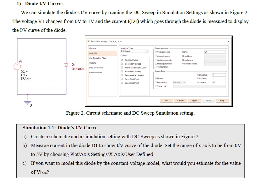 SOLVED: Using OrCAD: 1) Diode I/V Curves We can simulate the diode's I ...