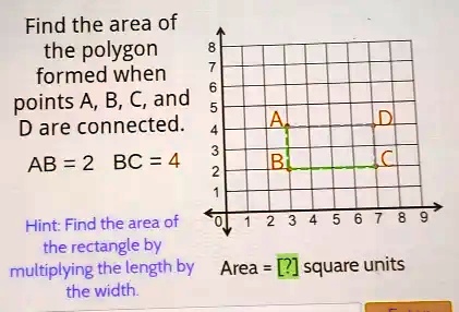 Find the area of the polygon formed when points A, B, C, and D are connected. AB = 2 BC = 4 Hint ...