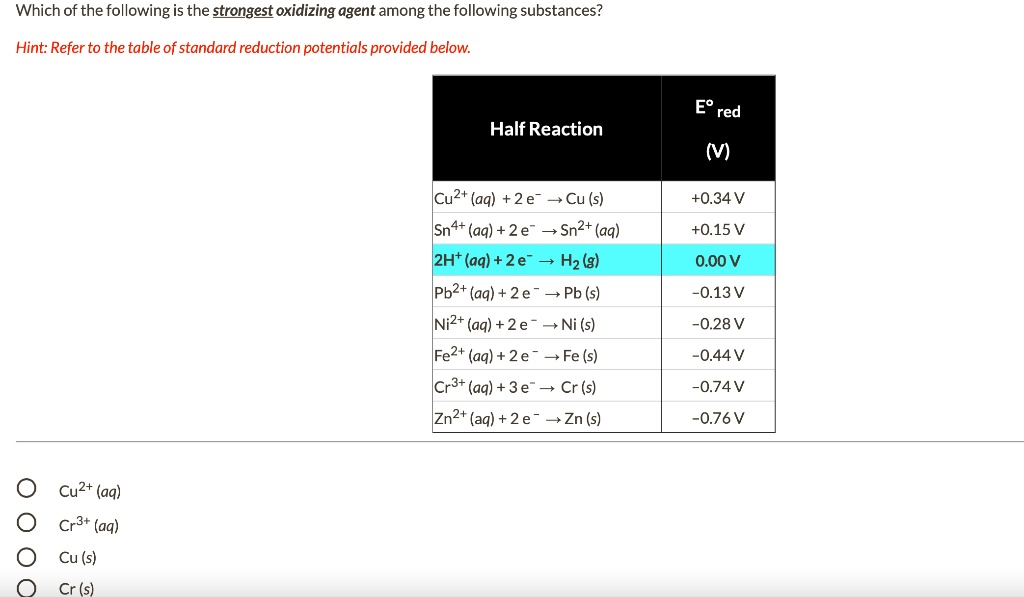 SOLVED: Which of the following is the strongest oxidizing agent among ...