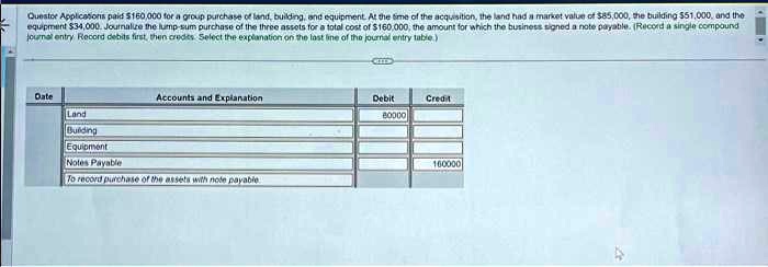 SOLVED: Texts: Questor Applications paid 160,000 for a group purchase of land, building, and ...