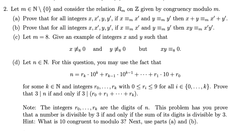 2 let m n 0 and consider the relation rm on z given by congruency ...