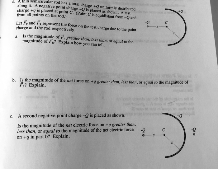4. A thin semicircular rod has a total charge +Q uniformly distributed along it. A negative ...
