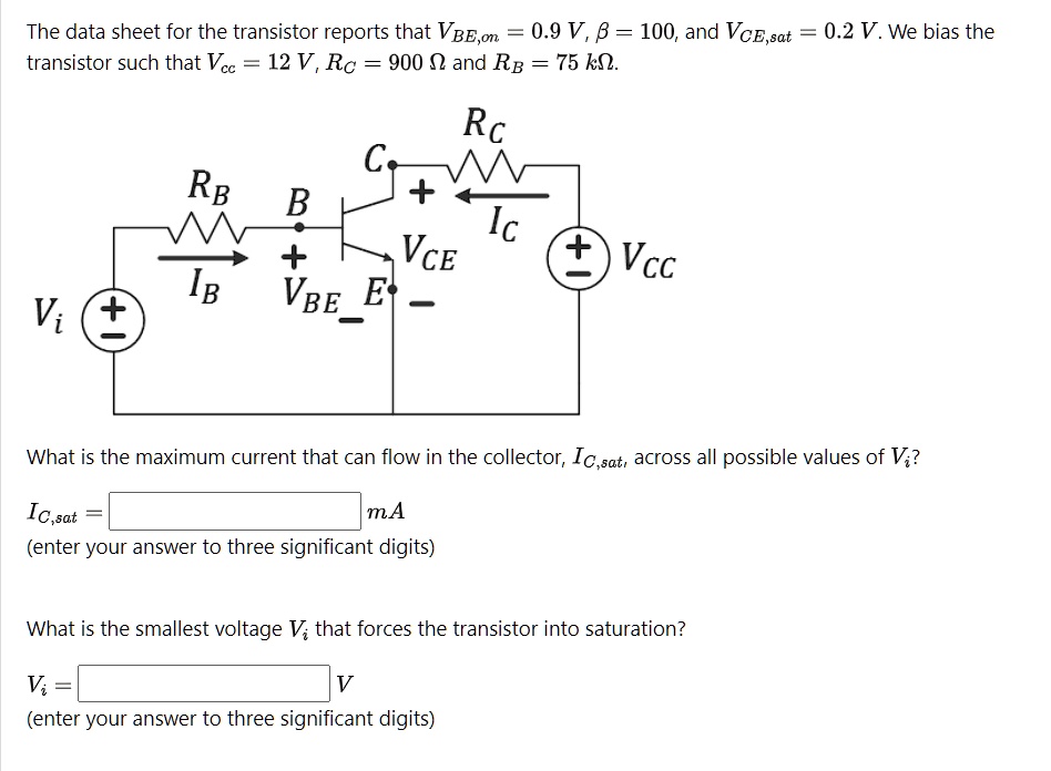 SOLVED: The data sheet for the transistor reports that VBE,on = 0.9 V ...