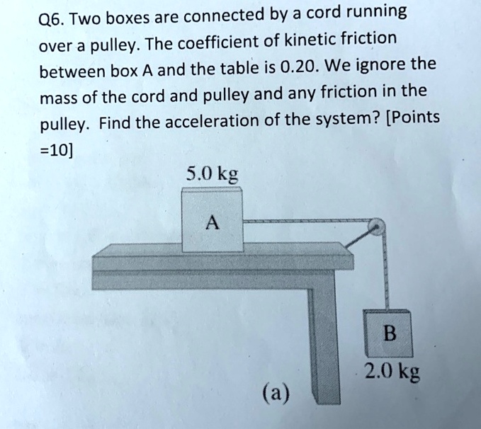 Q6. Two boxes are connected by a cord running over a pulley: The coefficient of kinetic friction ...