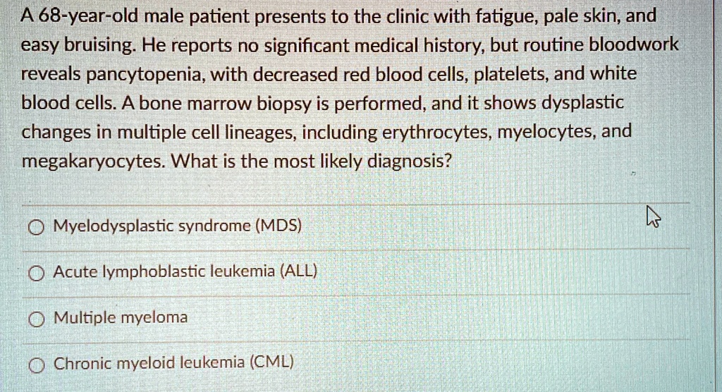 A 68-year-old male patient presents to the clinic with fatigue, pale ...