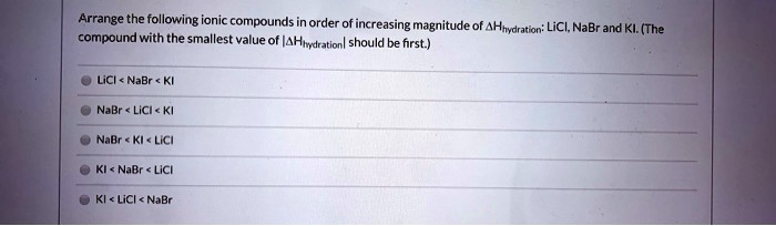 SOLVED: Arrange the following ionic compounds in order of increasing magnitude of AHnydration ...