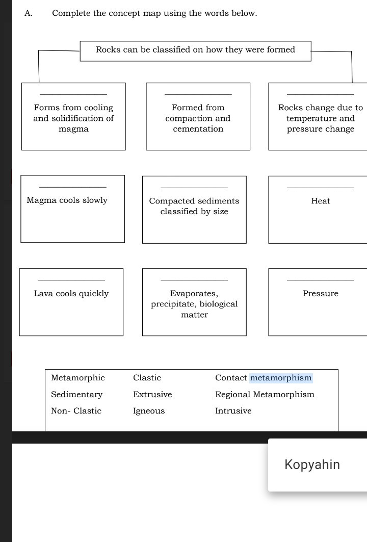 A. Complete the concept map using the words below. Metamorphic Clastic ...