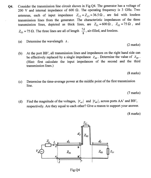 SOLVED: Q4. Consider the transmission line circuit shown in Fig.Q4. The generator has a voltage ...