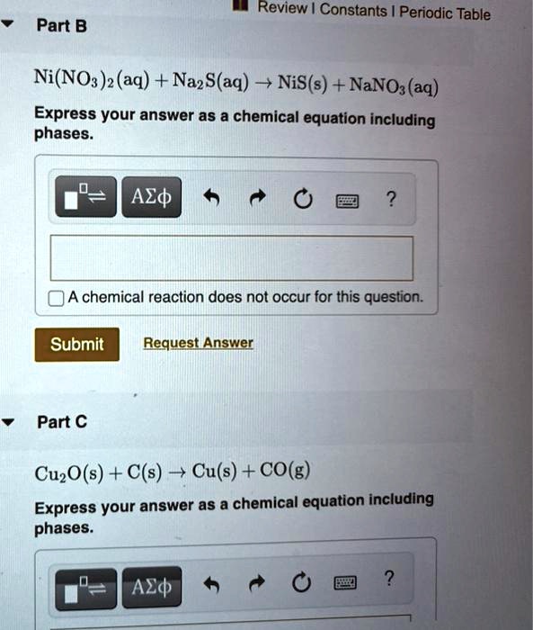 SOLVED: Part B Ni(NO2)2(aq) + Na2S(aq) â†’ NiS(s) + 2NaNO2(aq) Part C ...