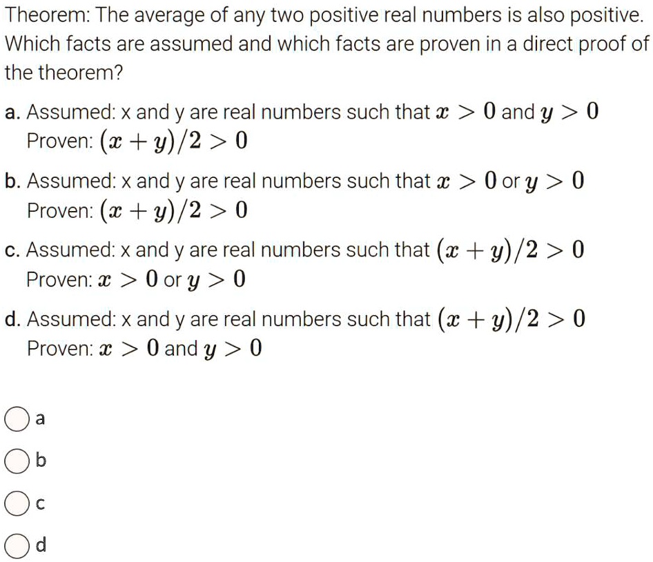 discrete math help thank you theorem the average of any two positive real numbers is also ...
