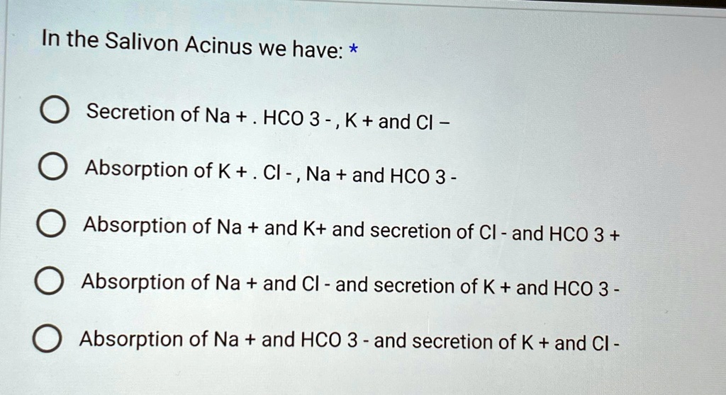 In the Salivon Acinus we have: * Secretion of Na+, HCO3-, K+ and Cl ...