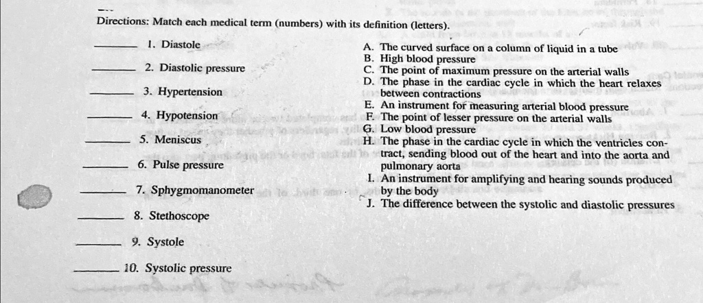 directions match each medical term numbers with its definition letters ...