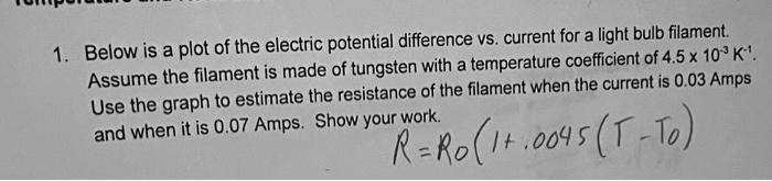 1. Below is a plot of the electric potential difference vs. current for ...