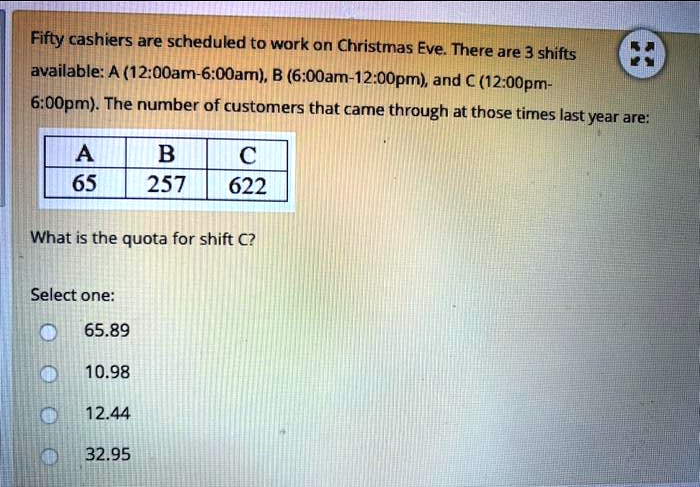 fifty cashiers are scheduled to work on christmas eve there are 3 ...