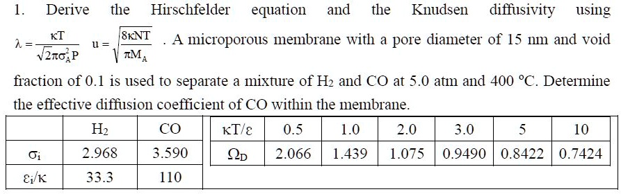 SOLVED: Derive the Hirschfelder equation and the Knudsen diffusivity using KT/2TP TMA. A ...