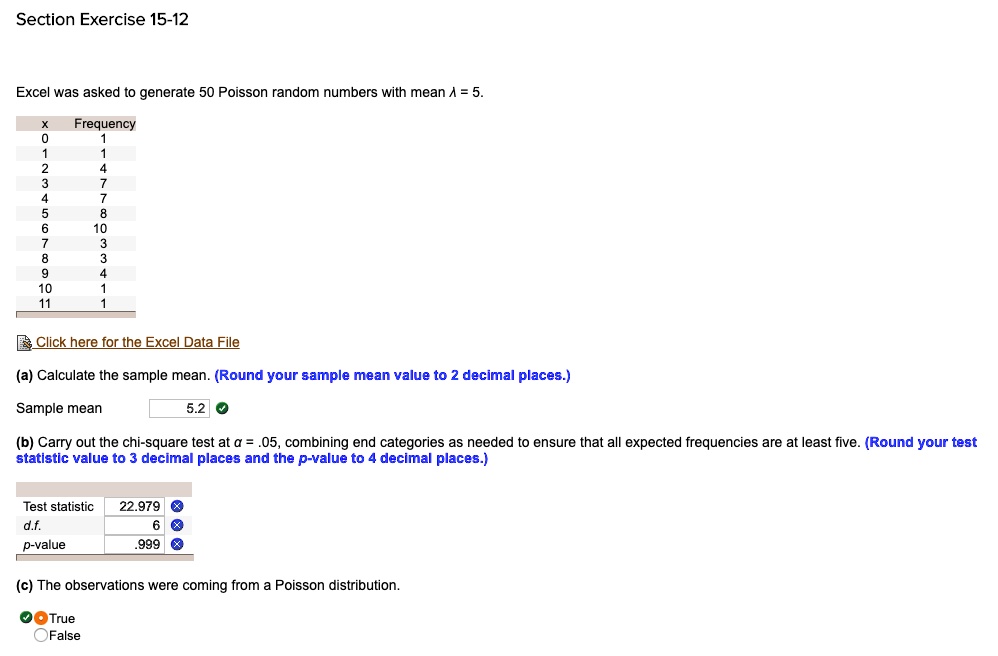 SOLVED: Section Exercise 15-12 Excel was asked t0 generate 50 Poisson random numbers with mean A ...