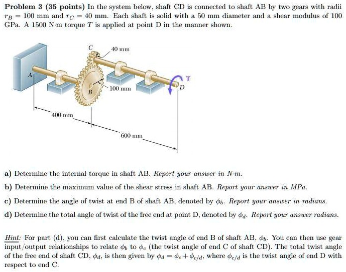 SOLVED: Problem 3 (35 points) In the system below,shaft CD is connected to shaft AB by two gears ...