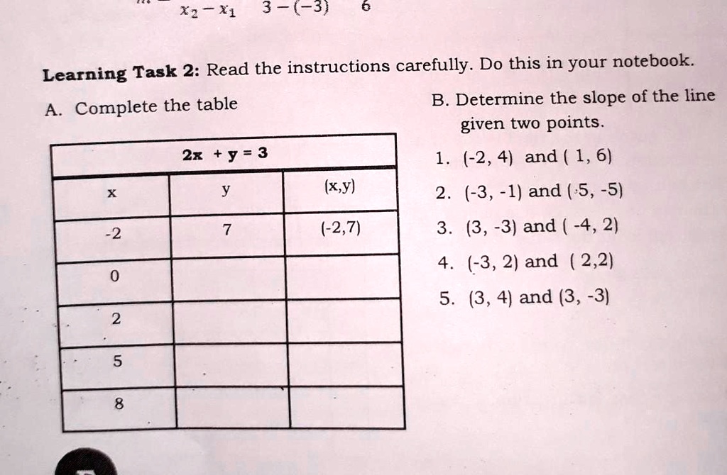 'Learning task 2: Read the instructions carefully. Do this in your notebook. Xc-X1 3-(-3 ...