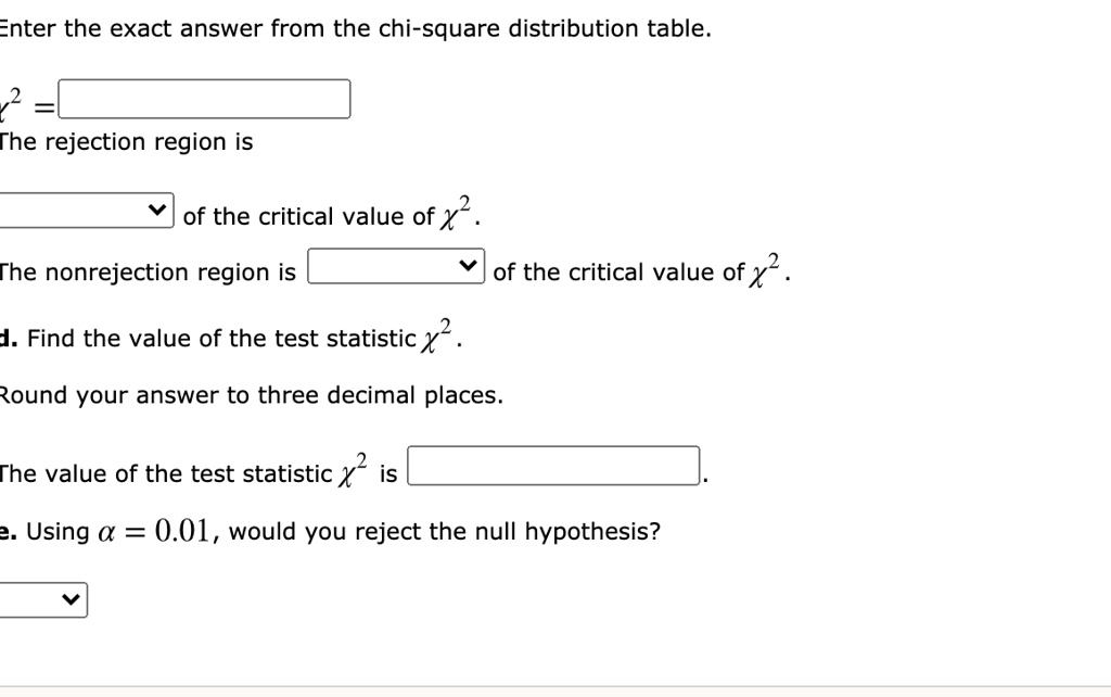 SOLVED: Enter the exact answer from the chi-square distribution table. The rejection region is ...