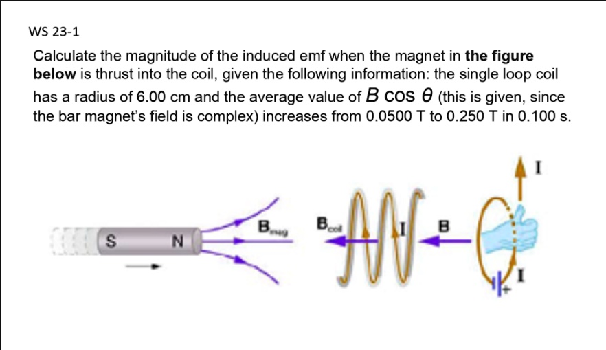 WS 23-1 Calculate the magnitude of the induced emf when the magnet in the figure below is thrust ...