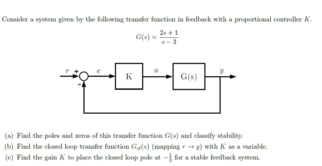 SOLVED: 2s+1 G(s)= s-3 u y K G(s) (a) Find the poles and zeros of this transfer function G(s ...