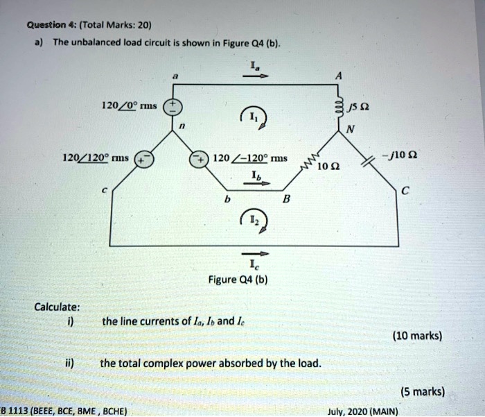 SOLVED: The unbalanced load circuit is shown in Figure Q4(b). 120/0 rms 15 120/120 rms 120/-120 ...