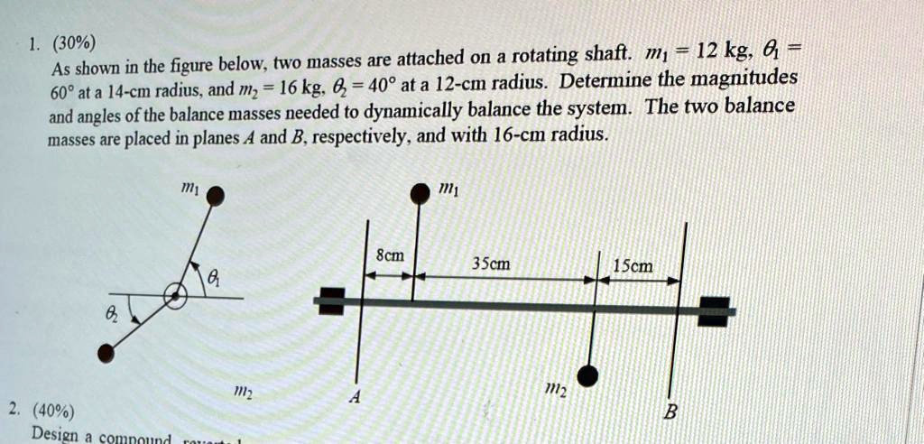 1. (30%) As shown in the figure below, two masses are attached on a rotating shaft. m1 = 12 kg ...