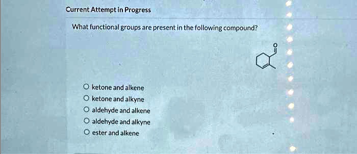 SOLVED: Current Attempt in Progress What functional groups are present in the following compound ...