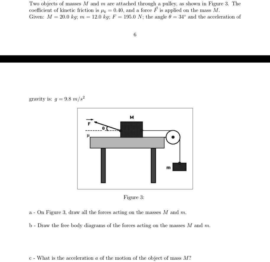 Two objects of masses M and m are attached through a pulley, as shown in Figure 3. The ...