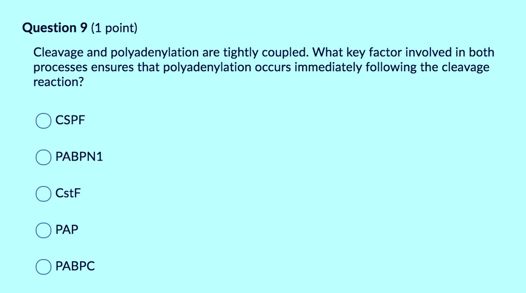 SOLVED: Cleavage and polyadenylation are tightly coupled: What key factor involved in both ...