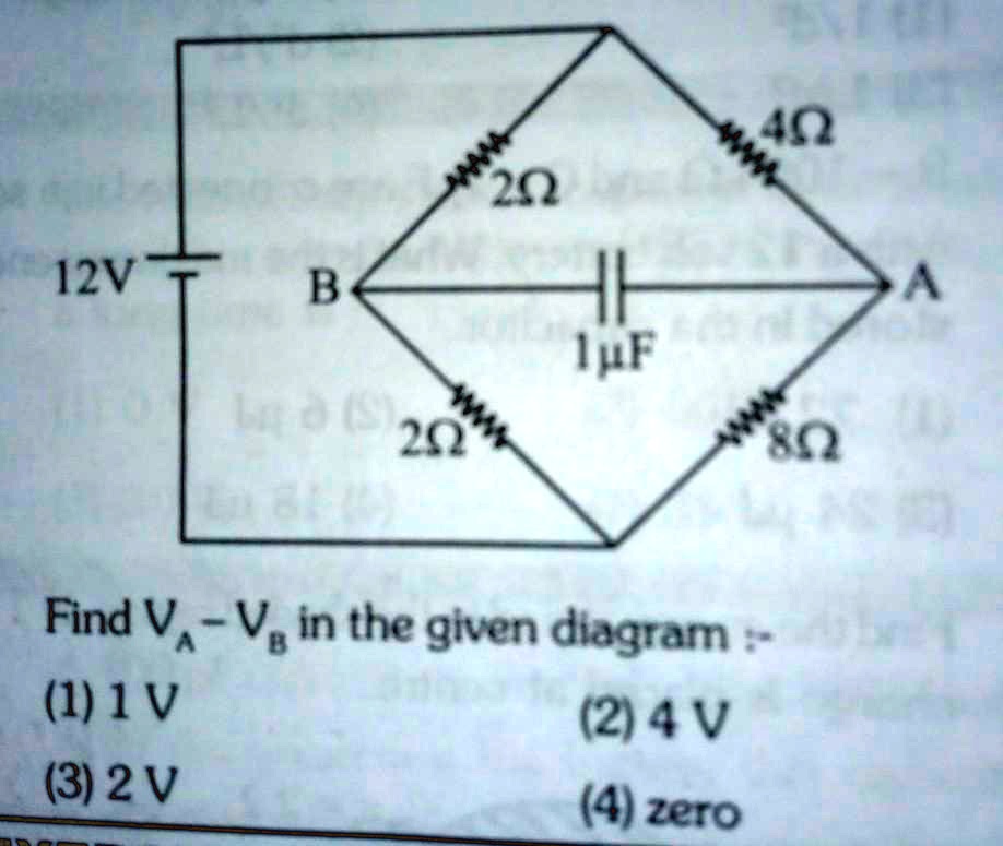Find VA-VB in the given diagram: (1) 1 V (2) 4 V (3) 2 V (4) zero Uf Ut AZ[ 0 MF Ut 08 Find Va ...