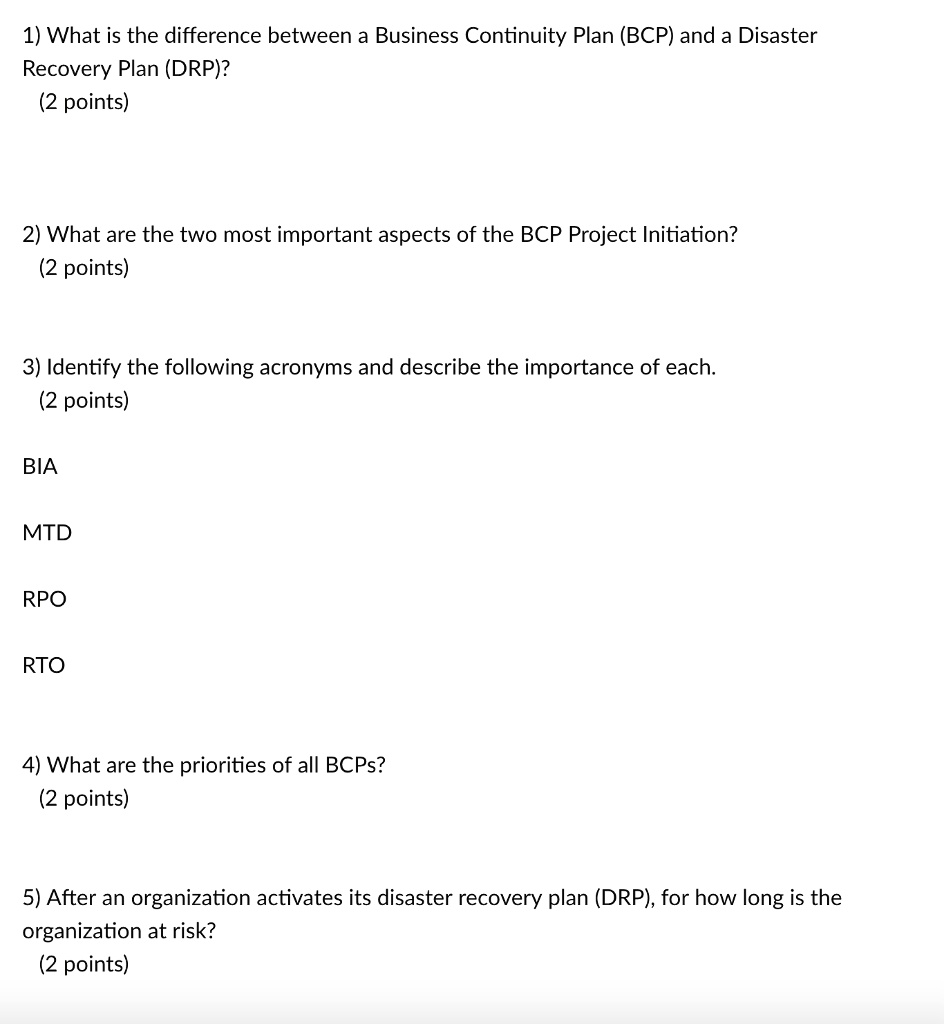 SOLVED: What is the difference between a Business Continuity Plan (BCP) and a Disaster Recovery ...