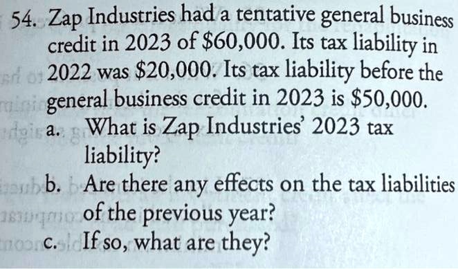 54. Zap Industries had a tentative general business credit in 2023 of ...