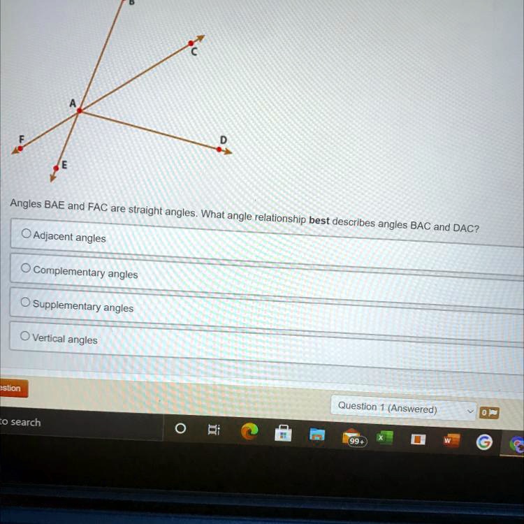 SOLVED: " Angles BAE and FAC are straight angles. What angle relationship best describes angles ...