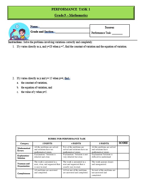 PERFORMANCE TASK 1 Grade 9 - Mathematics Name: Scores Grade and Section ...