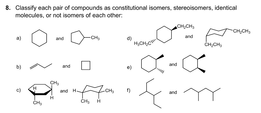 SOLVED: 8 Classify each pair of compounds as constitutional isomers, stereoisomers, identical ...