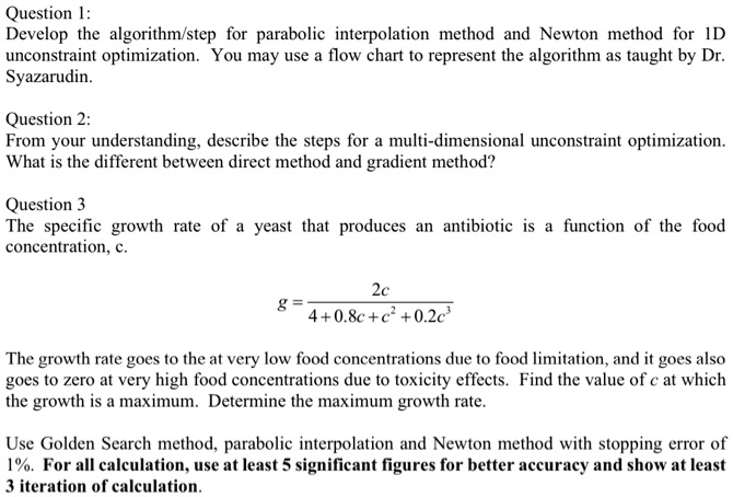 Question 1: Develop the algorithm/step for parabolic interpolation ...