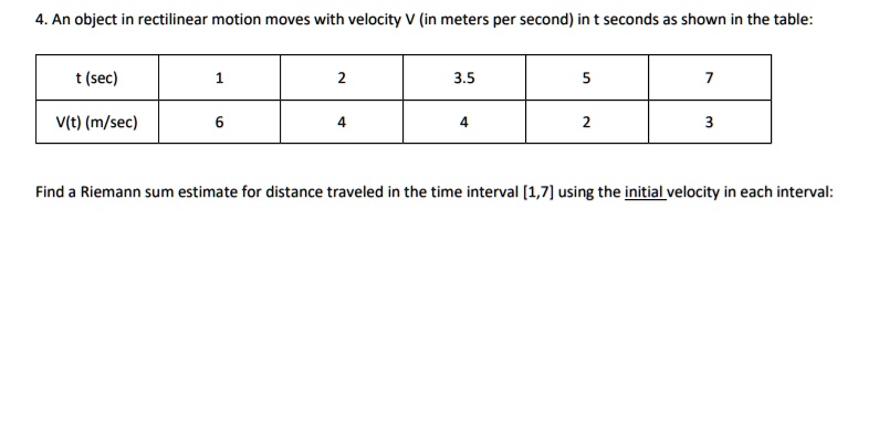 4. An object in rectilinear motion moves with velocity V (in meters per second) in t seconds as ...