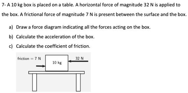 7- A 10 kg box is placed on a table. A horizontal force of magnitude 32 N is applied to the box ...