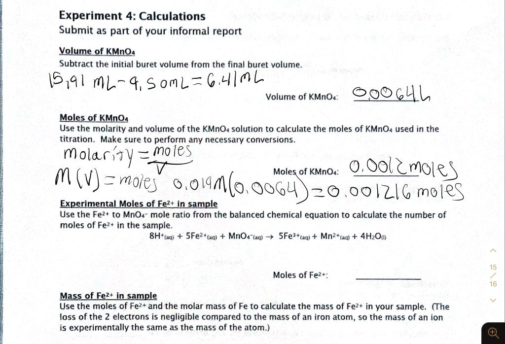 SOLVED: Experiment 4: Calculations Submit as part of your informal report Volyme of KMnOs ...